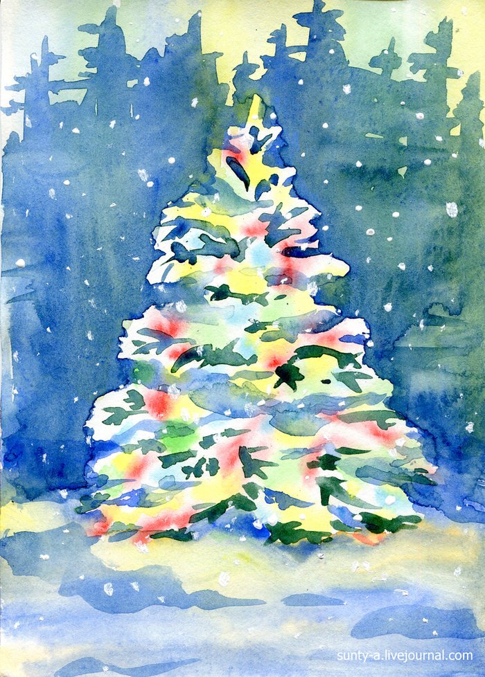 Рисунок елка новогодняя акварелью (48 фото) скачать бесплатно