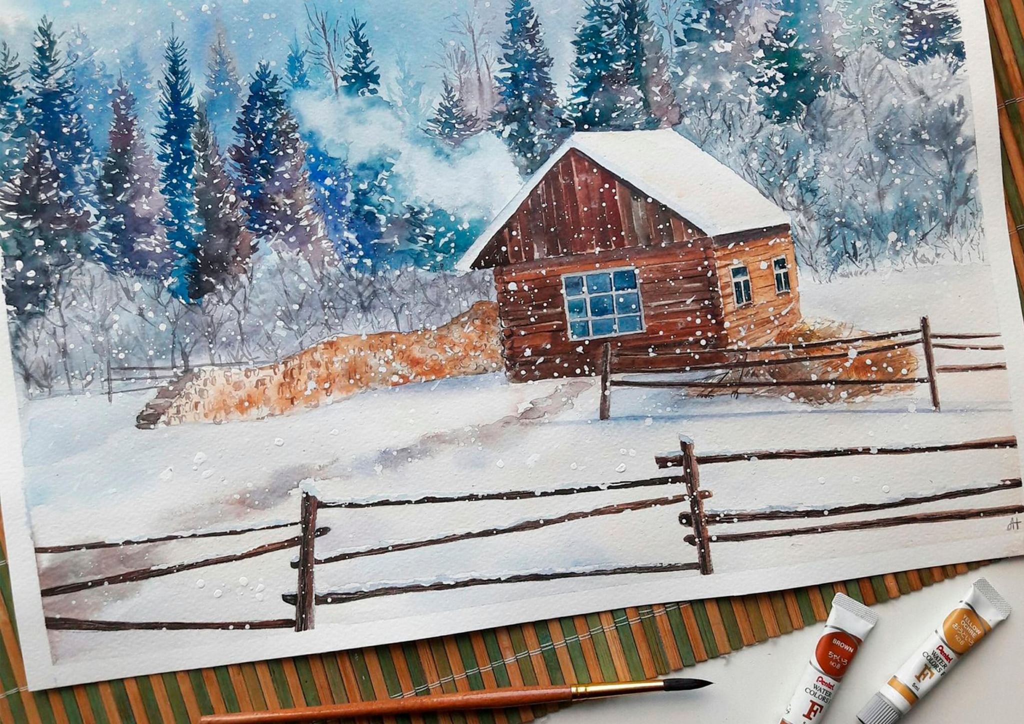 Рисунок гуашью зима в деревне 49 фото скачать бесплатно